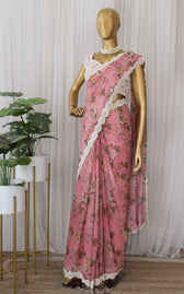 Vintage Pink Floral Printed Georgette Saree