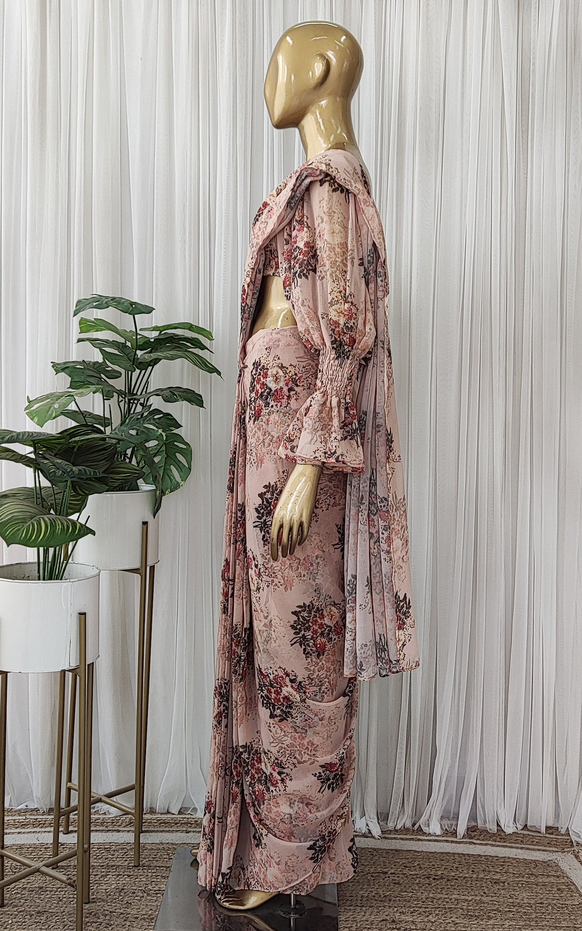 Sepia Floral Pre-Stitched Saree with Smocked Crop Top