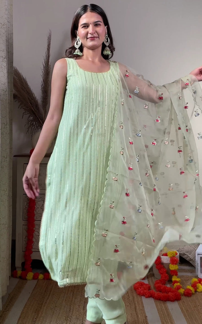 Swati Rathi Tea Green Sequins Kurta Set with Embroidered Organza Dupat