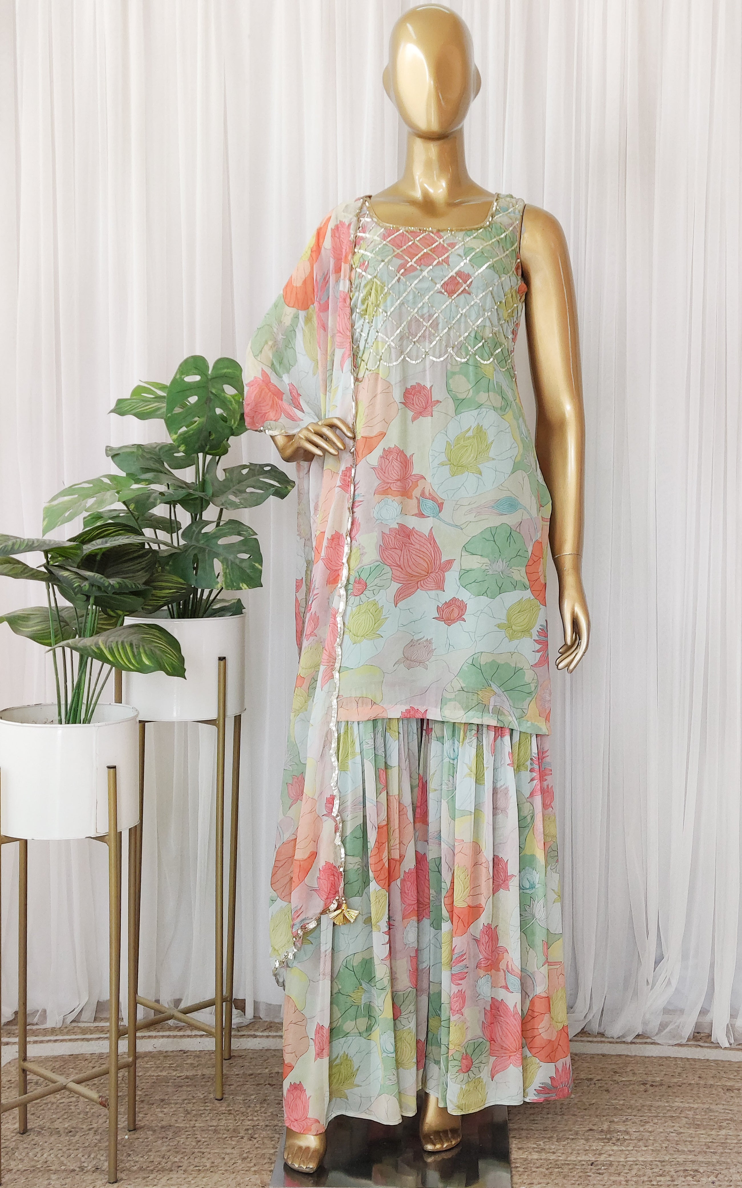 Multicolor Lotus Print Sequinwork Sharara Set