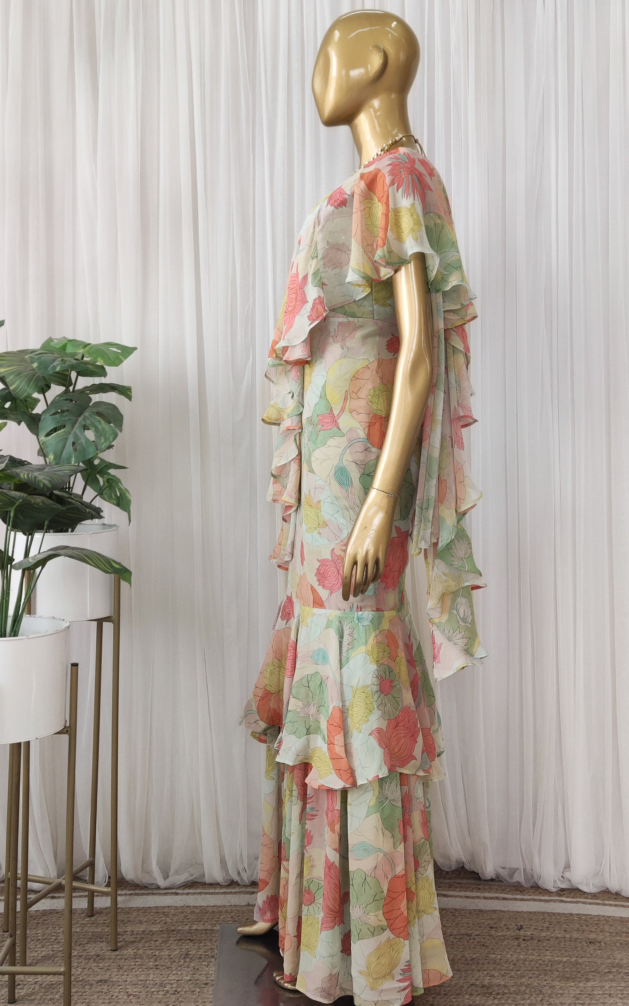Lotus Print Multicolor Ruffle Saree Dress