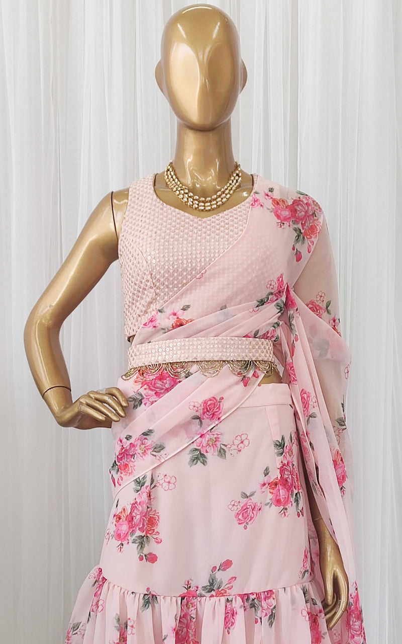 Millennial Pink Floral Pre-Stitched Ruffle Saree with Embellished Belt