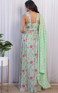 Sage Green Handwork Printed Georgette Anarkali with Embellished Belt