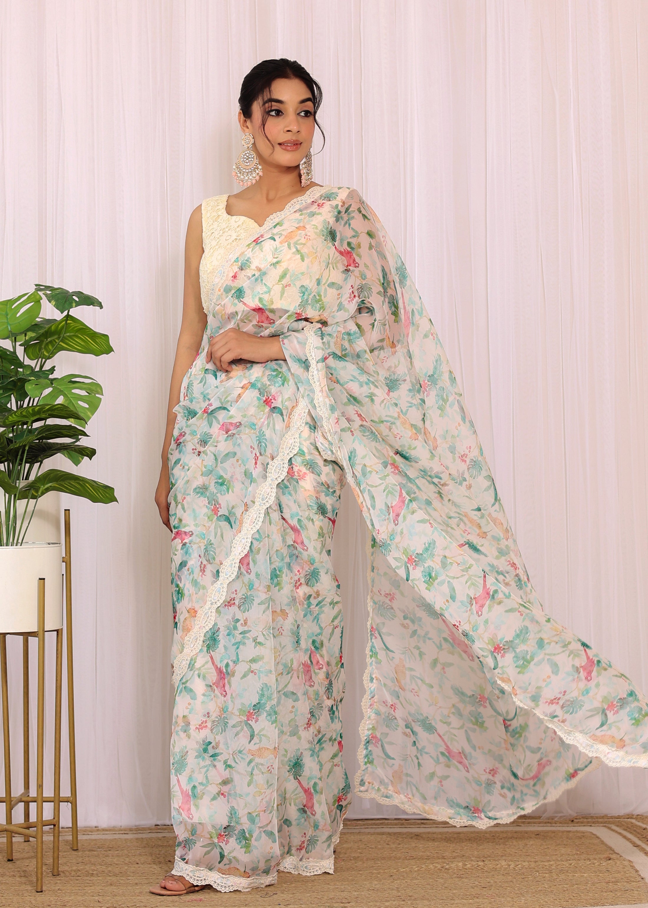 Off-white Bird Printed Georgette Saree