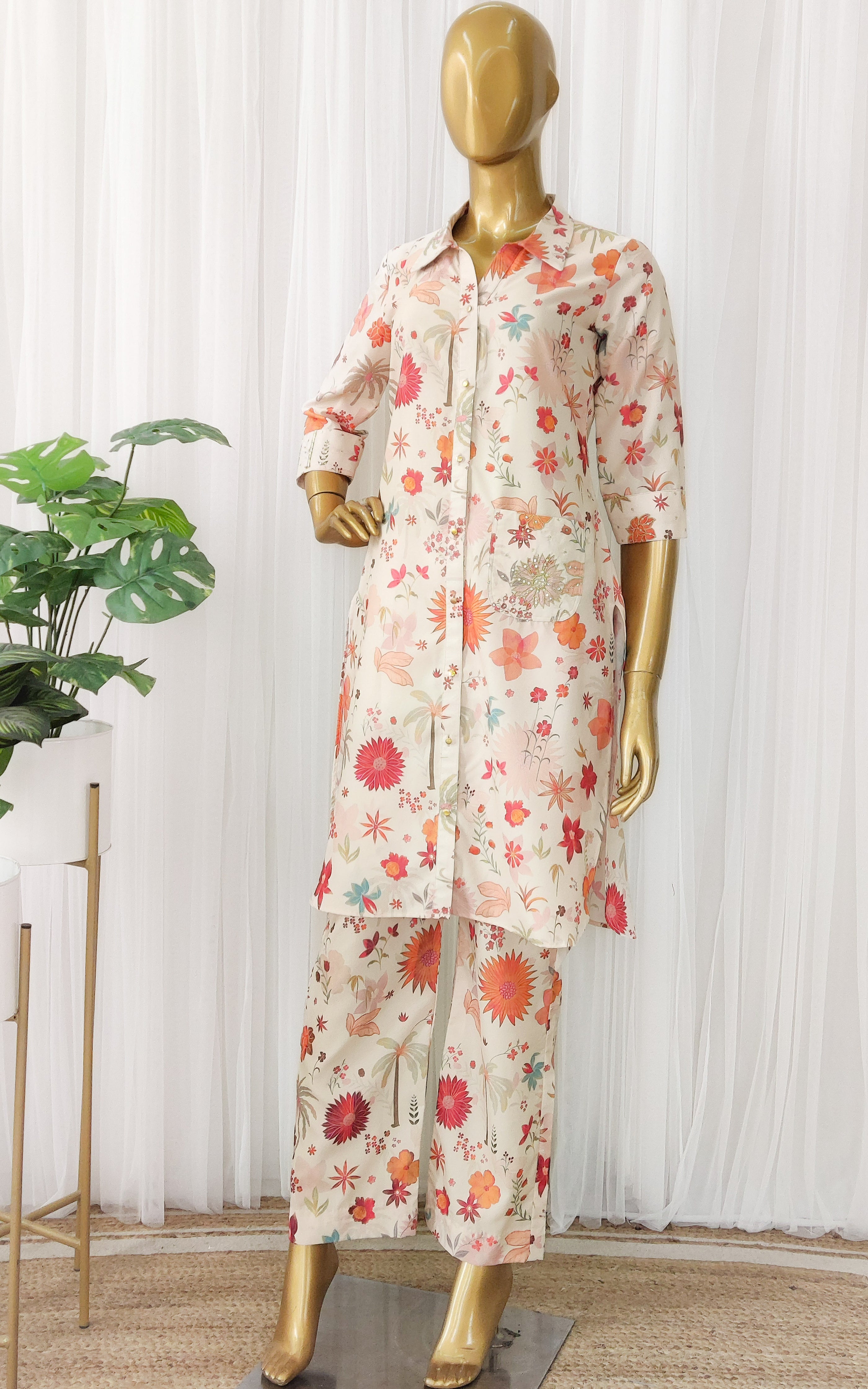 Ecru Tropical Print Crepe Co-Ord Set