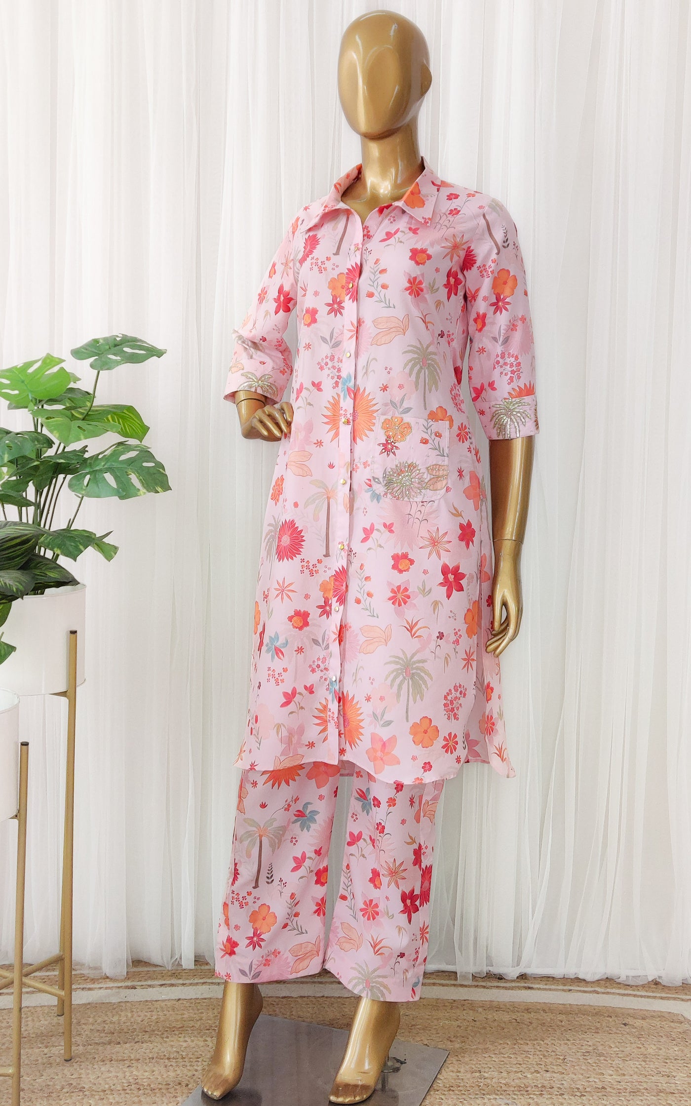 Pink Tropical Print Crepe Co-Ord Set