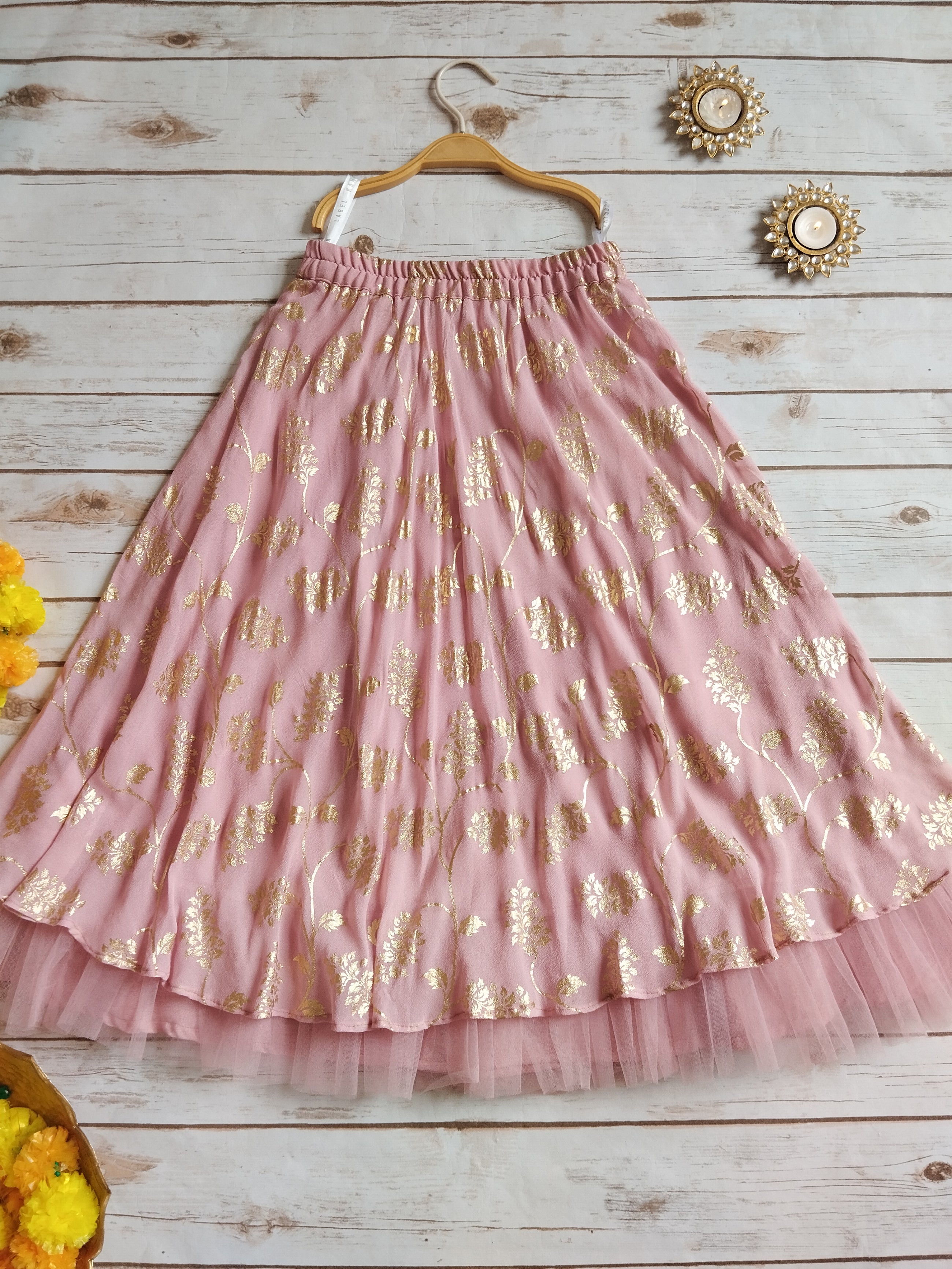 Amaranth Pink Gold Foil Print Lehenga Kurti Set for Kids