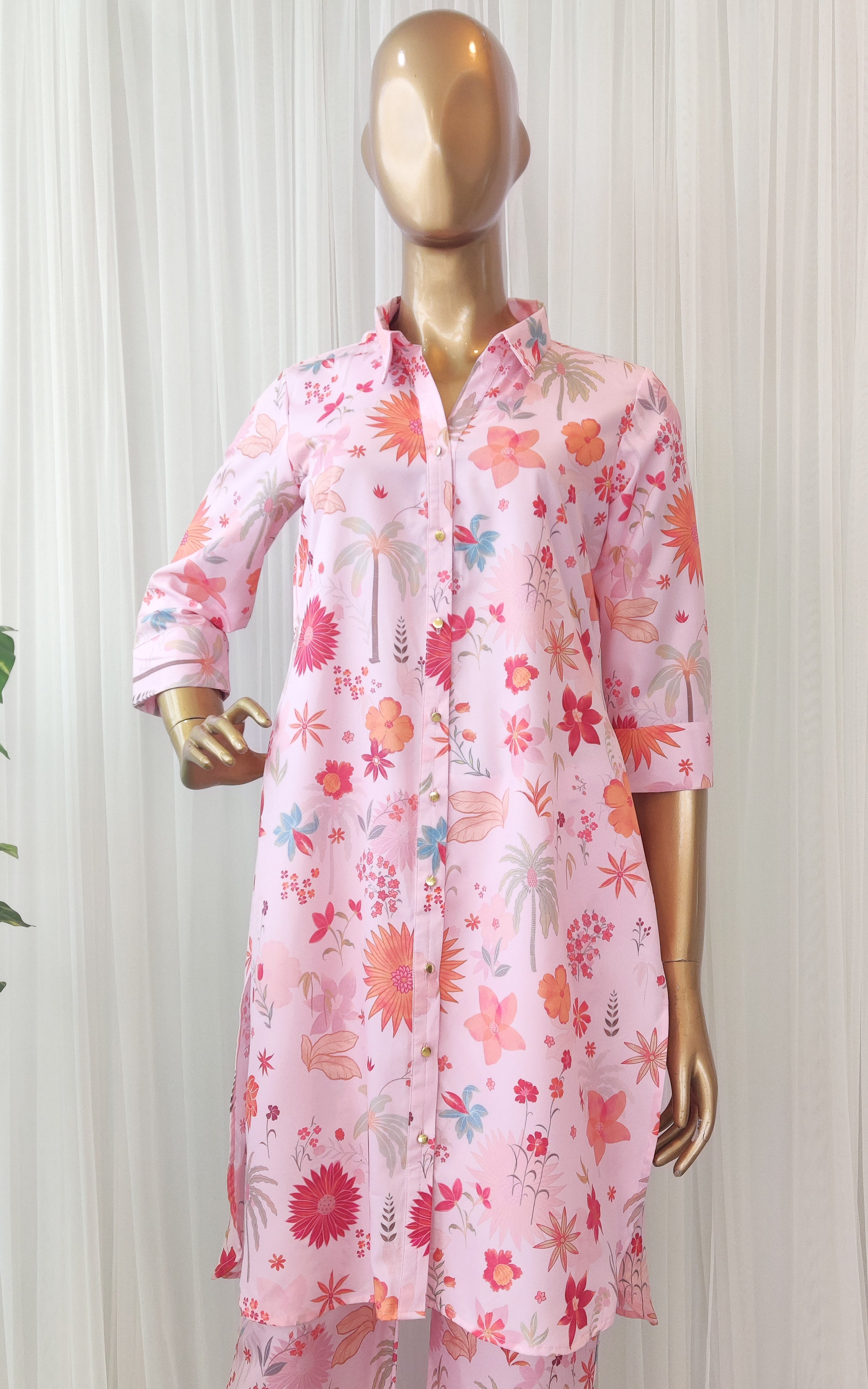 Pink Tropical Print Crepe Co-Ord Set