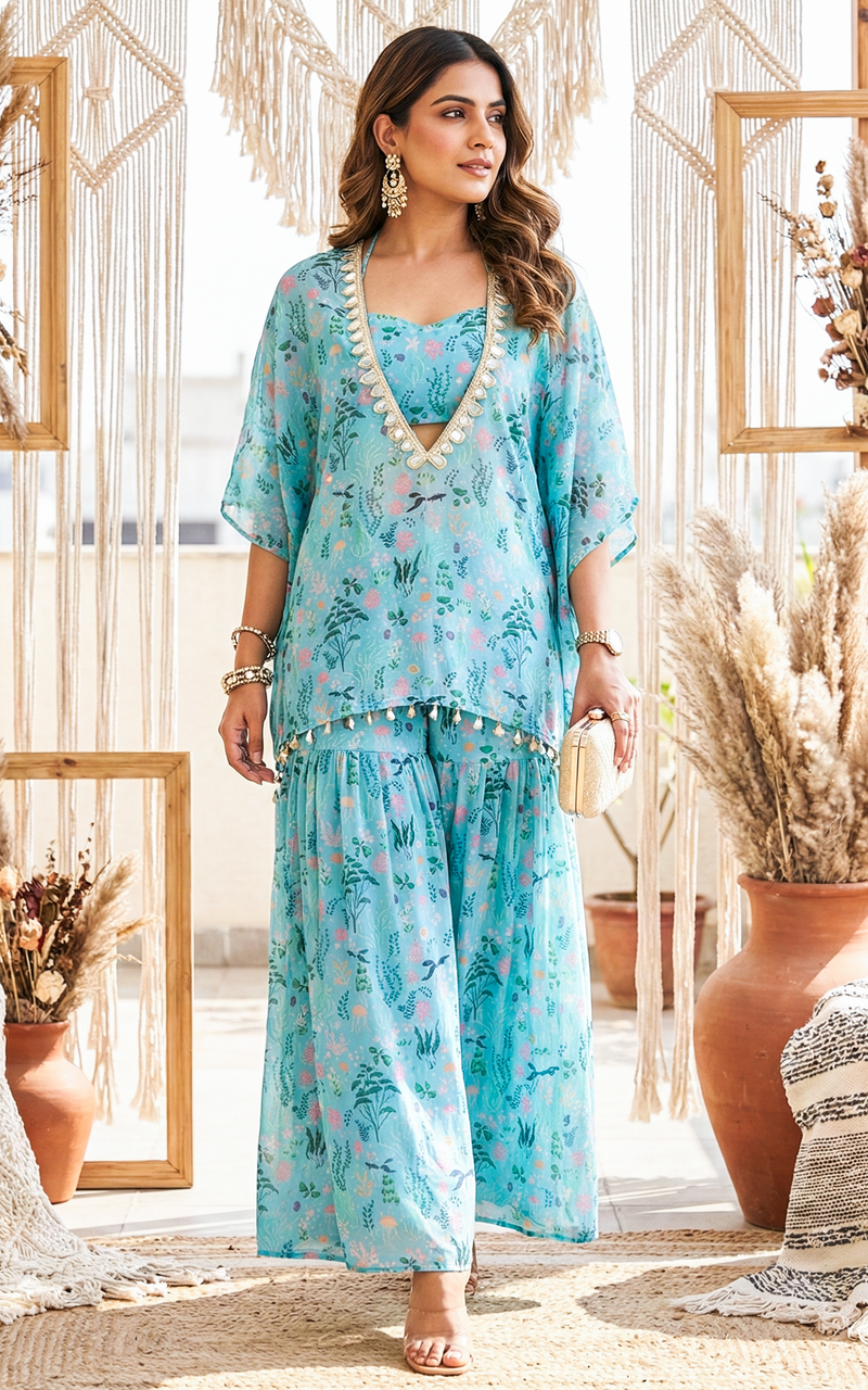 Turquoise Aquatic Kaftan Crop Top Sharara Set