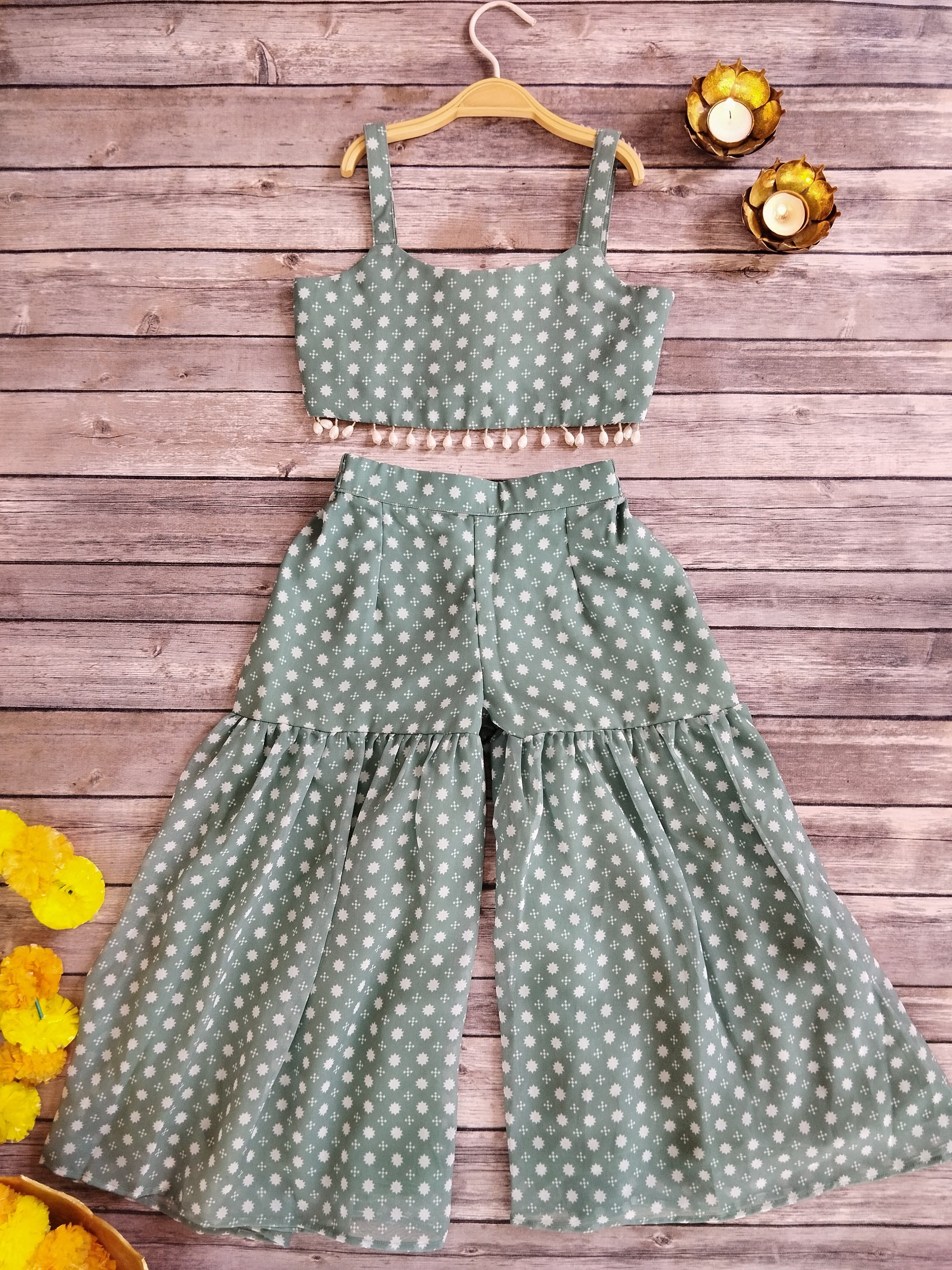 Sage Green Printed Kids Crop Top & Sharara Set
