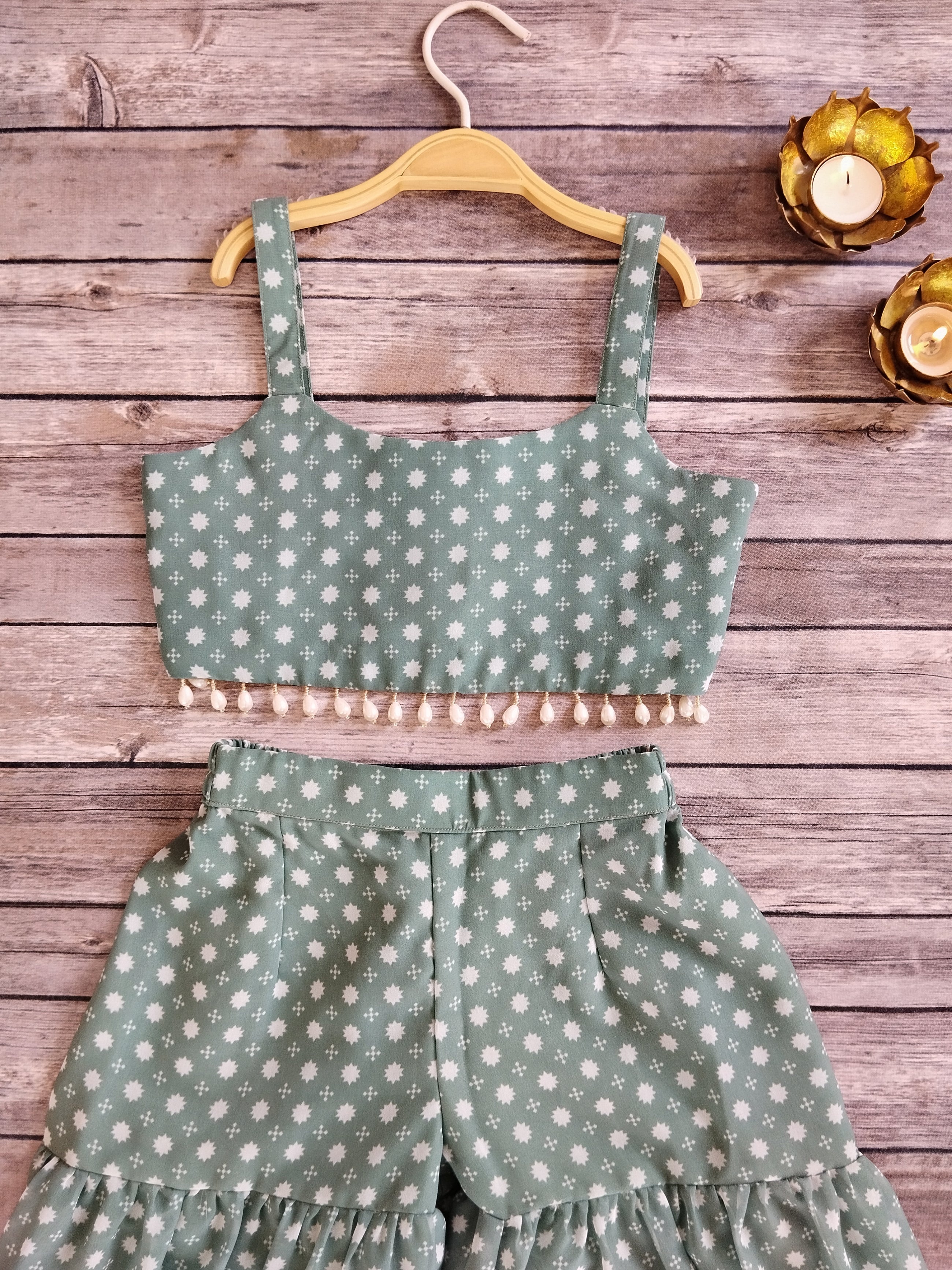 Sage Green Printed Kids Crop Top & Sharara Set