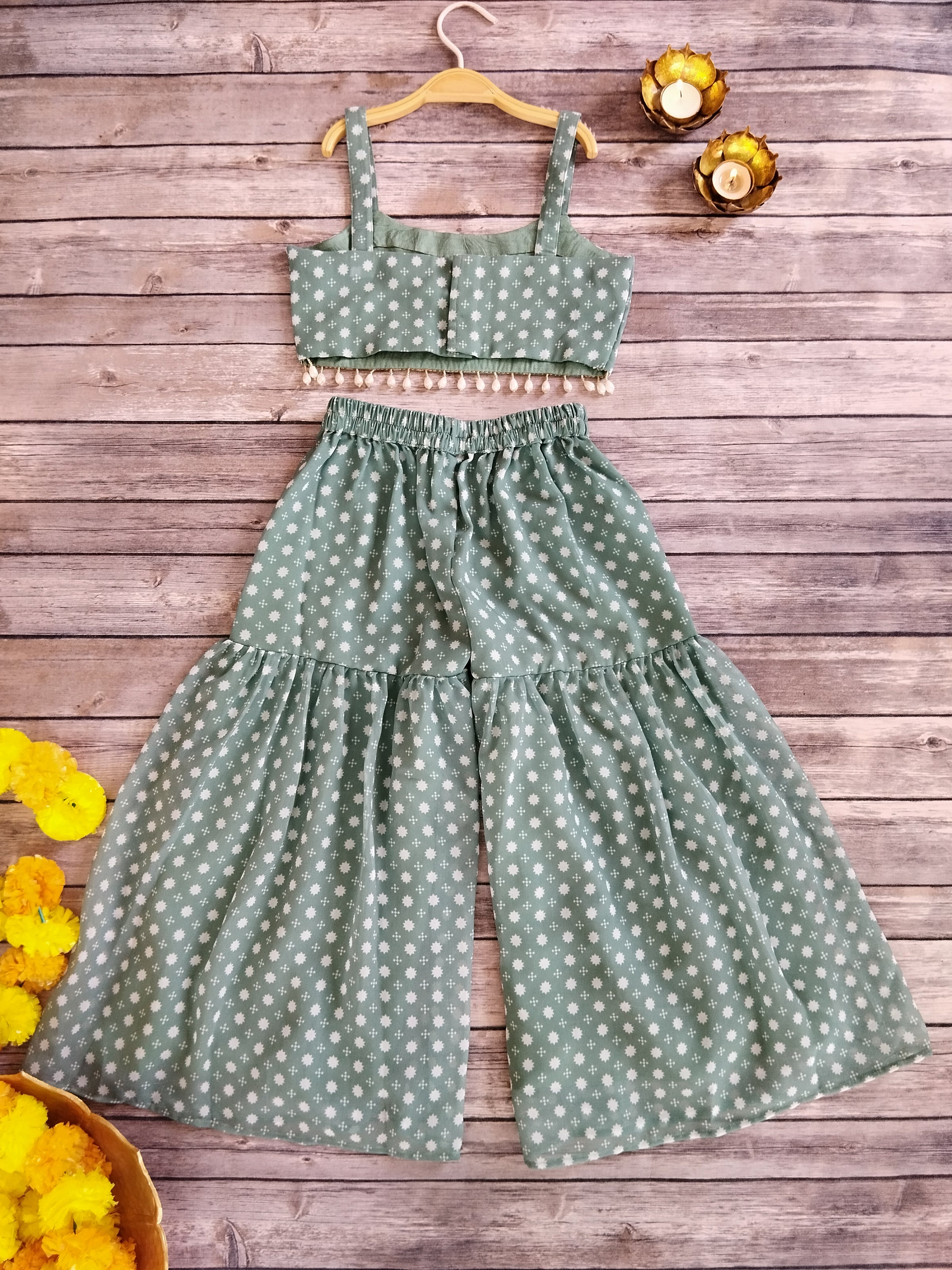 Sage Green Printed Kids Crop Top & Sharara Set