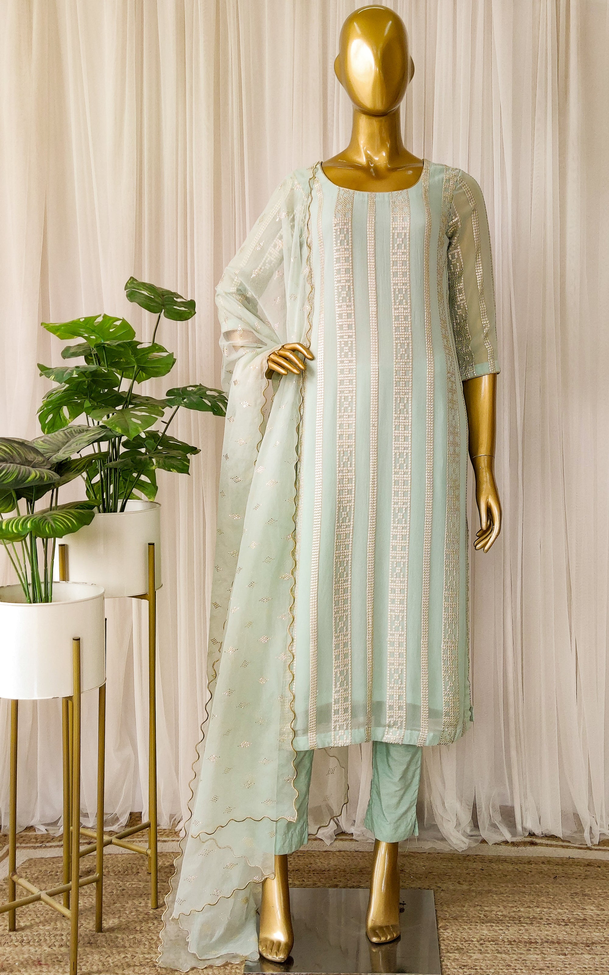 Sea Green Kurta Pant Set with Organza Dupatta