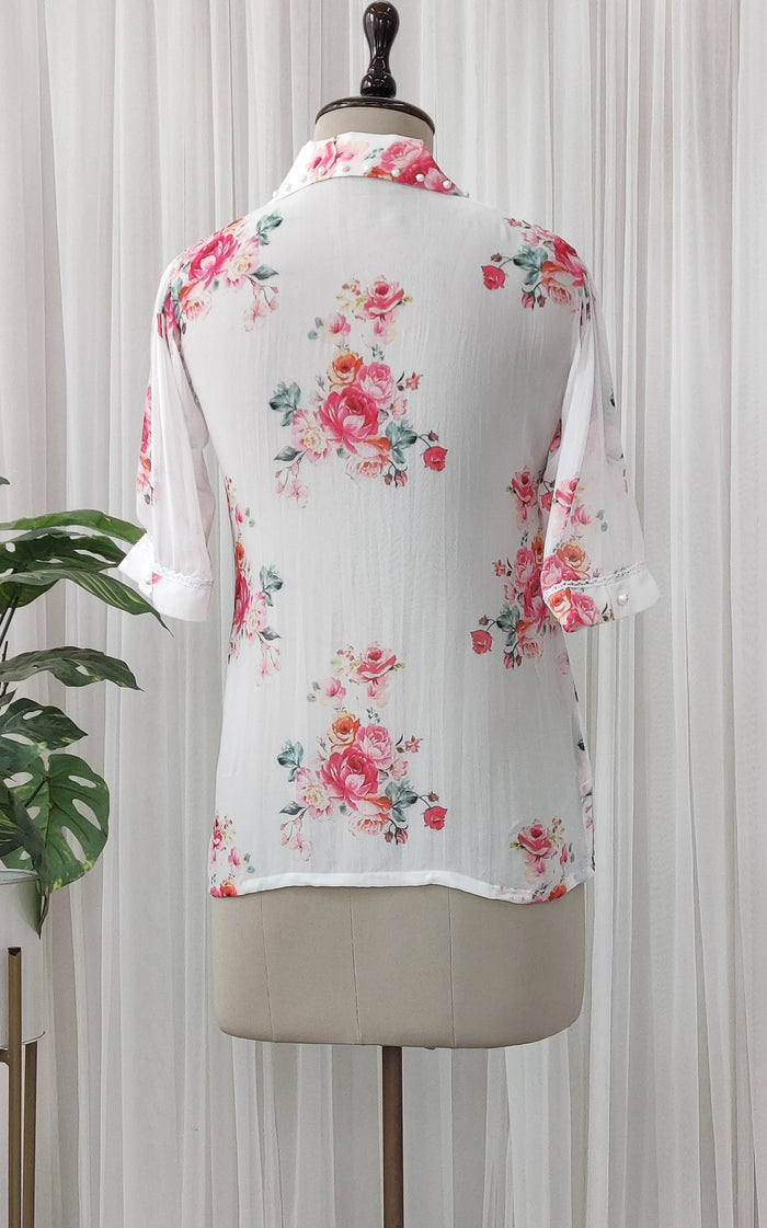 Off White Red Floral Georgetta Top