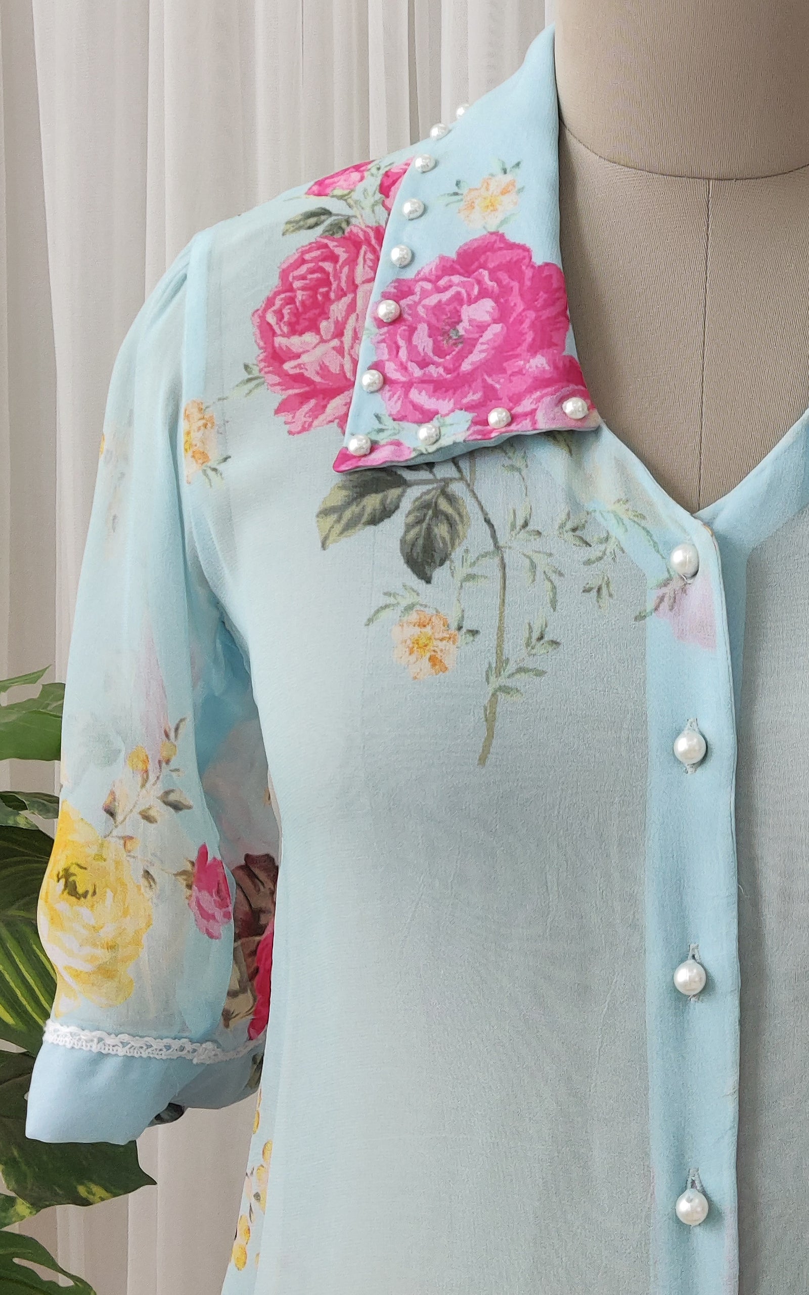 Sky Blue Pink Floral Georgette Shirt