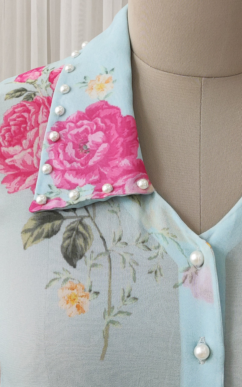 Sky Blue Pink Floral Georgette Shirt