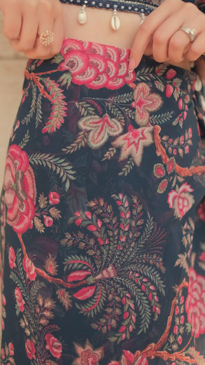 Simran Sethi Navy Blue Printed Georgette Crop Top & Draped Skirt Co-or