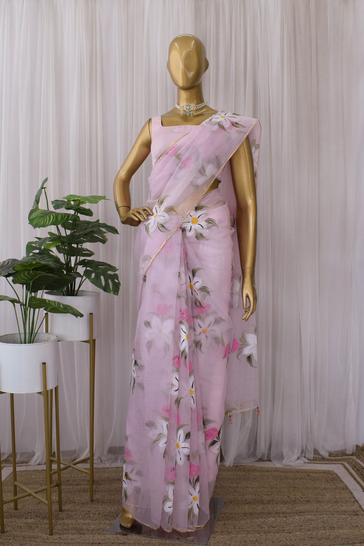 Powder Pink Handpainted Organza Saree